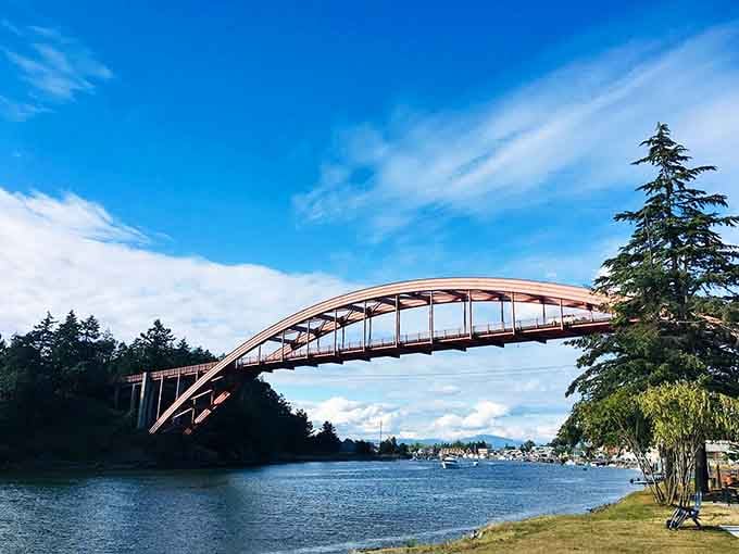 The Rainbow Bridge lives up to its name, arching gracefully over the channel like a gateway to adventure.
