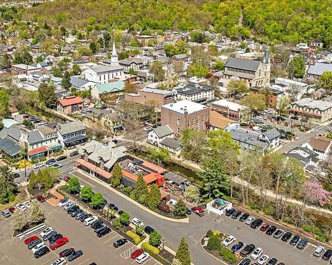 The aerial view reveals a town that grew organically over centuries, not from some developer's cookie-cutter blueprint.