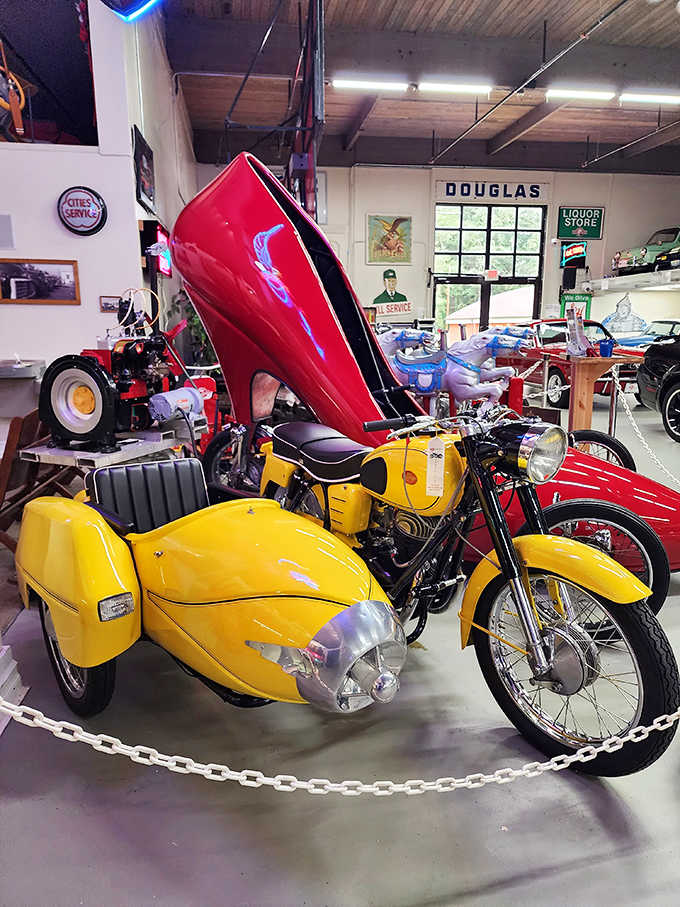 This yellow Pannonia motorcycle with sidecar attachment looks like it escaped from a European spy thriller.