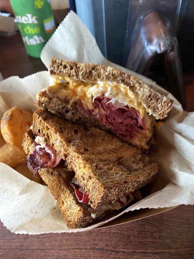 The classic Reuben on toasted rye delivers that perfect balance of corned beef, sauerkraut, and melted Swiss.