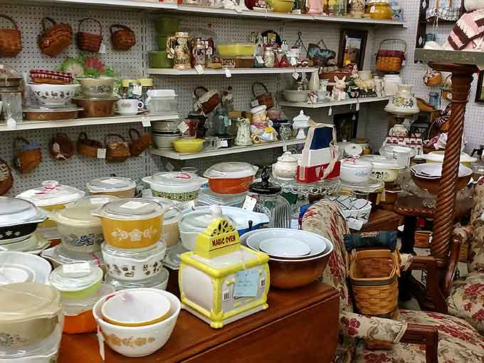 Pyrex and vintage kitchenware stacked like edible archaeology&mdash;your grandmother would feel right at home here.
