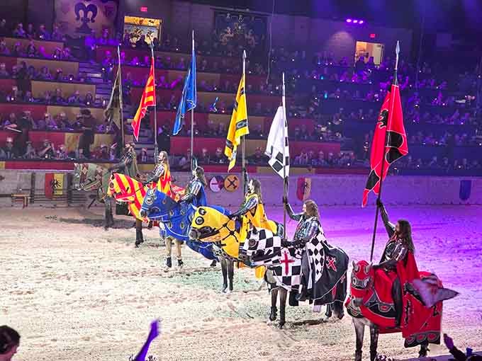 Six knights parade their colors and banners, each representing kingdoms vying for tournament glory and your cheers.