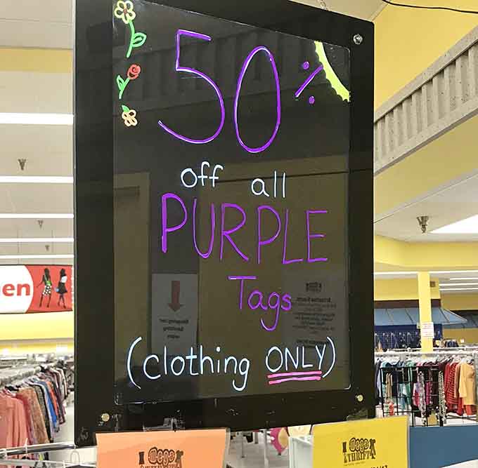 Purple tags mean extra savings, turning already great deals into absolute steals that make you grin wide.
