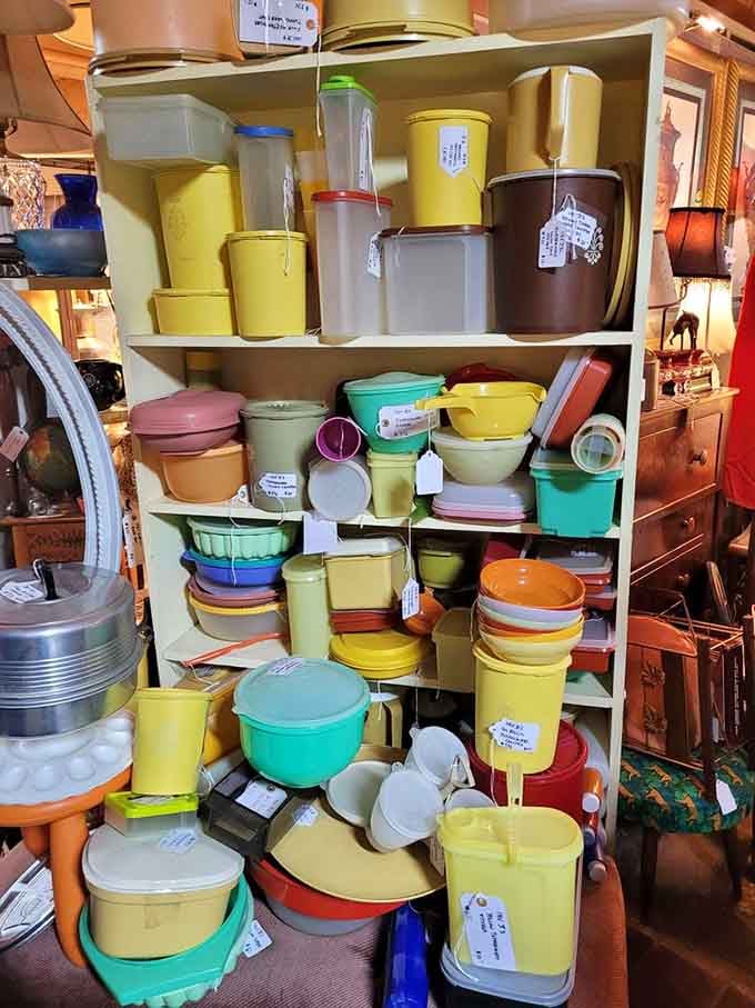 Tupperware in every color of the rainbow, proving that food storage was once genuinely exciting and cheerful.