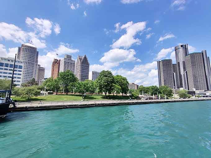 The Detroit River sparkles like it's showing off. Can you blame it? Look at that view it gets.