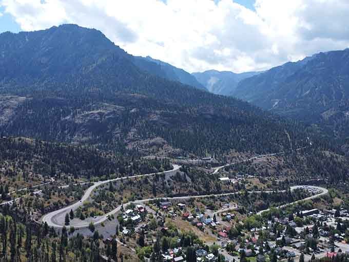 From above, the highway snakes through Ouray like someone drew a line with their non-dominant hand&mdash;beautifully imperfect.