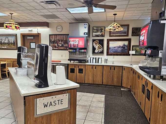 The beverage station stands ready to quench thirsts that these massive burgers will definitely create.