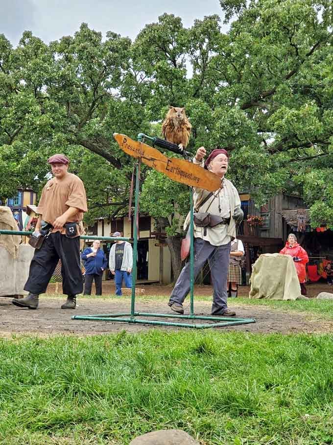 A trained falcon perches majestically while handlers demonstrate ancient hunting techniques to captivated audiences below.