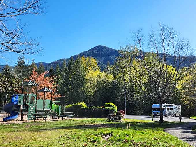 Mountain peaks provide the backdrop while kids play, reminding you exactly why you drove all this way from home.