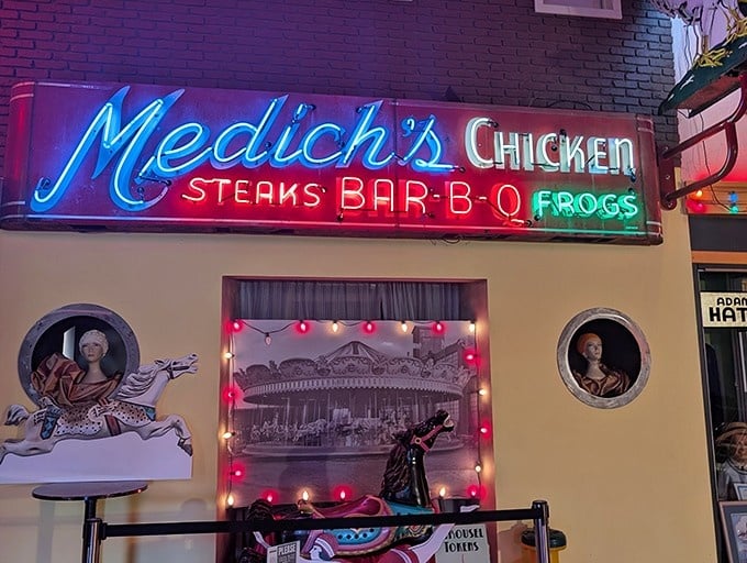 Medich's promised chicken, steaks, bar-b-q, and frogs in glorious neon script that made every menu item sound equally appetizing.