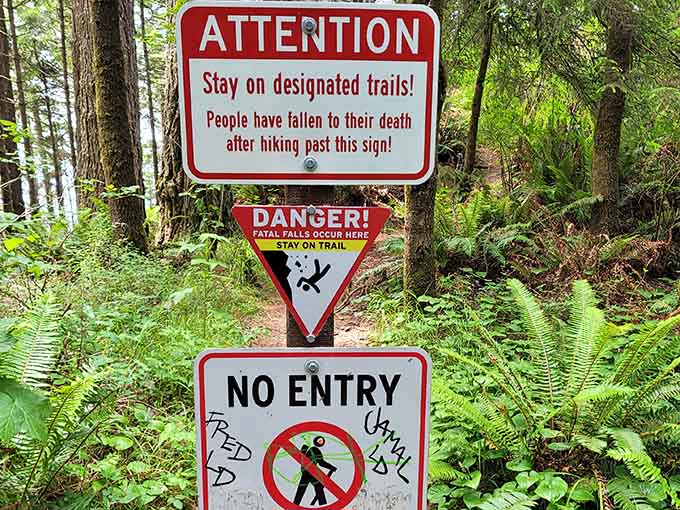 These signs mean business. Fatal falls are nature's way of saying "rules exist for a reason, people."