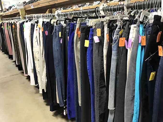 Pants organized by color create a rainbow of possibilities for every style and occasion imaginable.