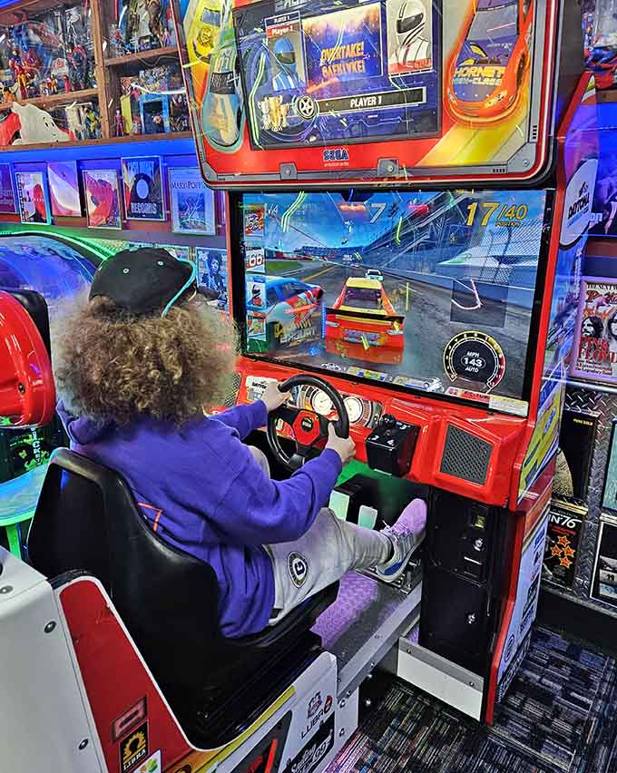 Behind the wheel of a racing simulator, this player's living their speed demon dreams without traffic tickets.