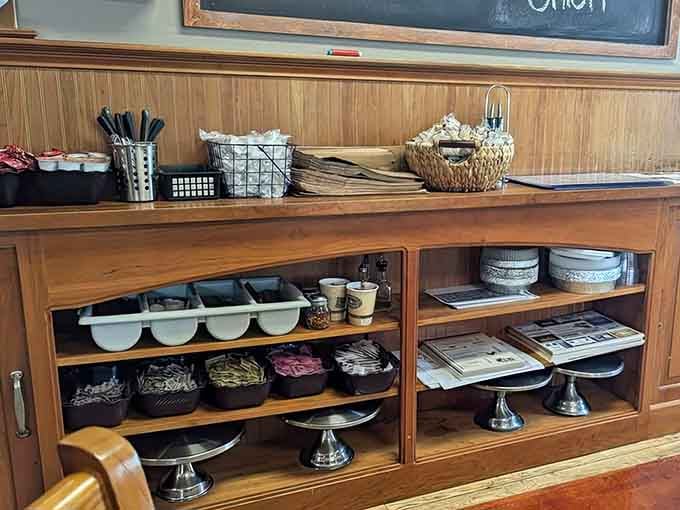 That sideboard setup shows the kind of thoughtful organization that keeps service running smoothly during the lunch rush without chaos.