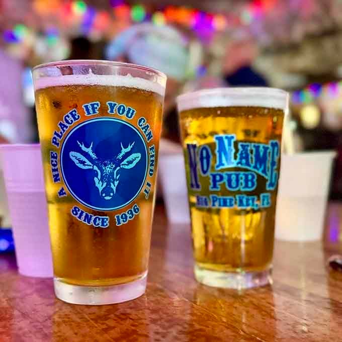 Cold beer in branded glasses, the universal language of relaxation spoken fluently at this particular establishment since way back.