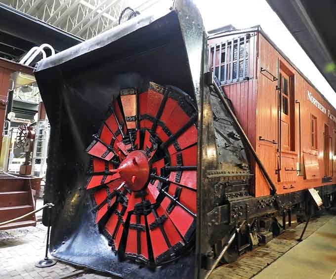 This massive rotary snowplow once battled Minnesota winters head-on, clearing paths when Mother Nature got a little too enthusiastic.