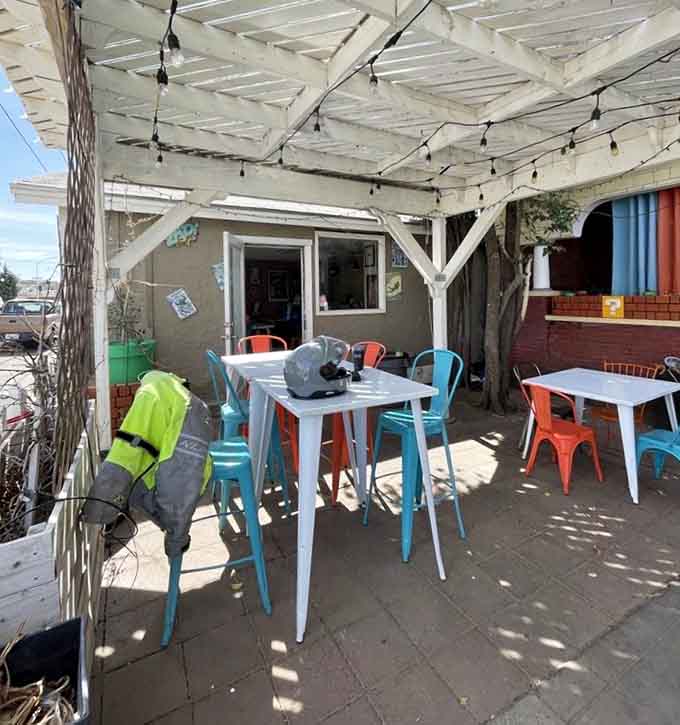 The covered patio provides a shaded retreat where you can enjoy your burger while soaking in Globe's charm.