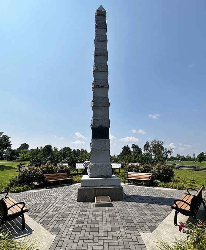 This monument marks Fort de la Presentation's historic site, where French colonial history literally stands tall in Ogdensburg.
