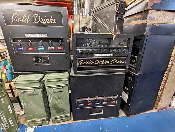 Vintage vending machines that dispensed happiness one candy bar at a time, back when quarters meant something real.