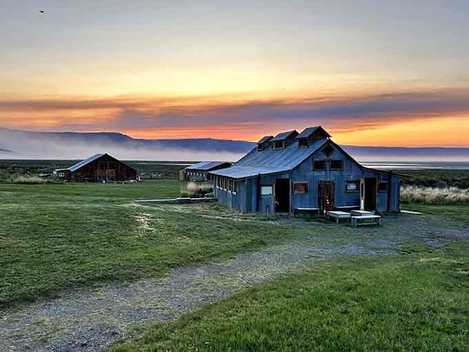 Summer Lake Hot Springs buildings at golden hour: where rustic charm meets geothermal luxury in the middle of nowhere special.