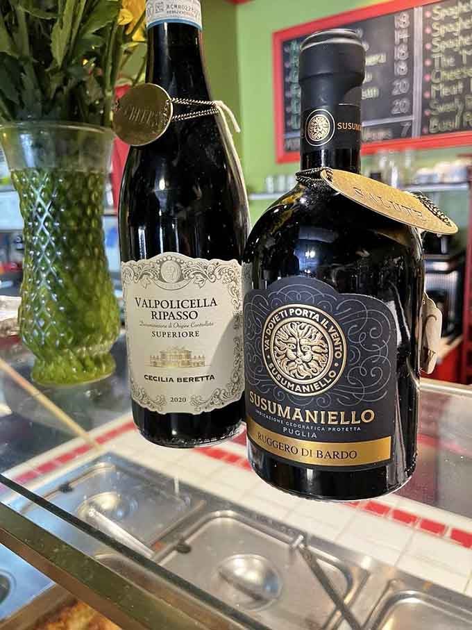 Italian wines on display suggest someone here takes their beverage pairings as seriously as their marinara sauce recipes always.