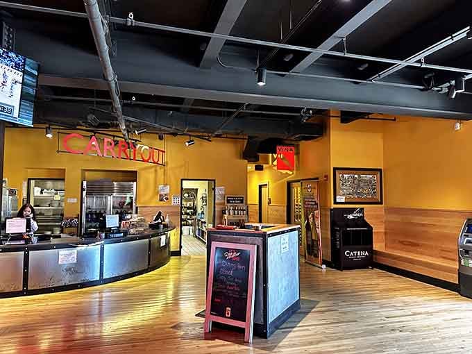 The carryout counter stands ready to send deep-dish pizzas home with lucky folks who planned ahead.