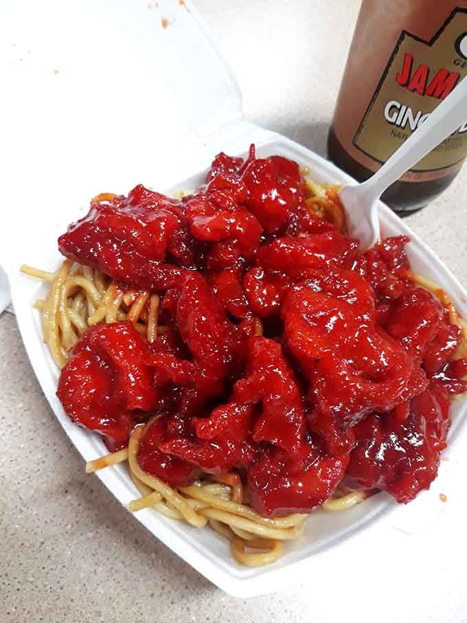 Glazed chicken over noodles delivers the kind of comfort food that makes shopping all day totally worth it.