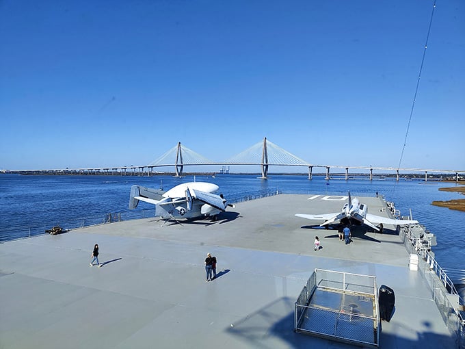From this angle, the Yorktown's flight deck resembles a floating parking lot for some very expensive and very dangerous vehicles.