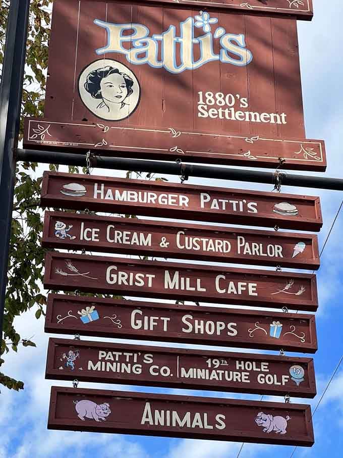 One sign listing everything available here, proving that focus groups definitely didn't design this delightfully chaotic destination.