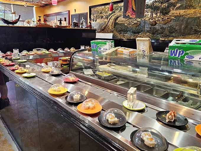 The rotating sushi belt in action is hypnotic, like watching your dinner perform a slow-motion parade just for you.