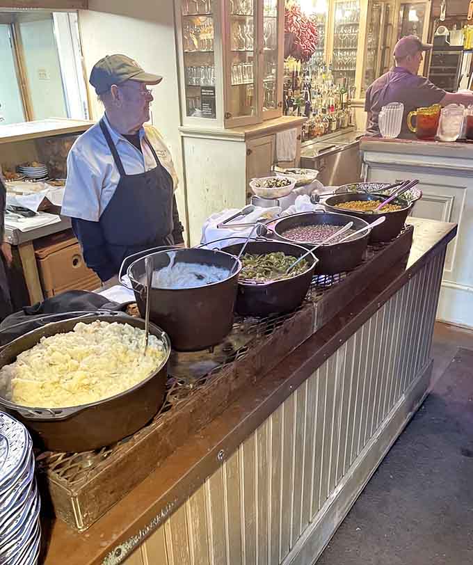 The Sunday buffet line where grown adults suddenly remember how to form orderly queues without being asked twice.