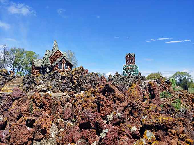 Miniature buildings cluster together like a village designed by someone who never stopped believing in magic and wonder.
