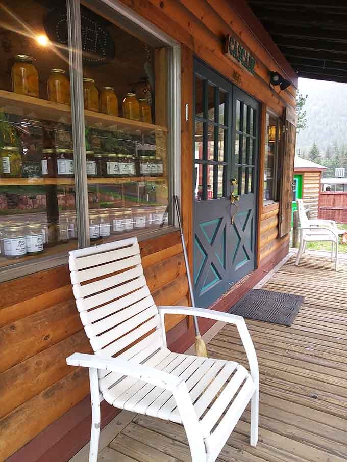 Those white chairs on the porch are calling your name, offering the perfect spot to rest after serious pickle shopping.