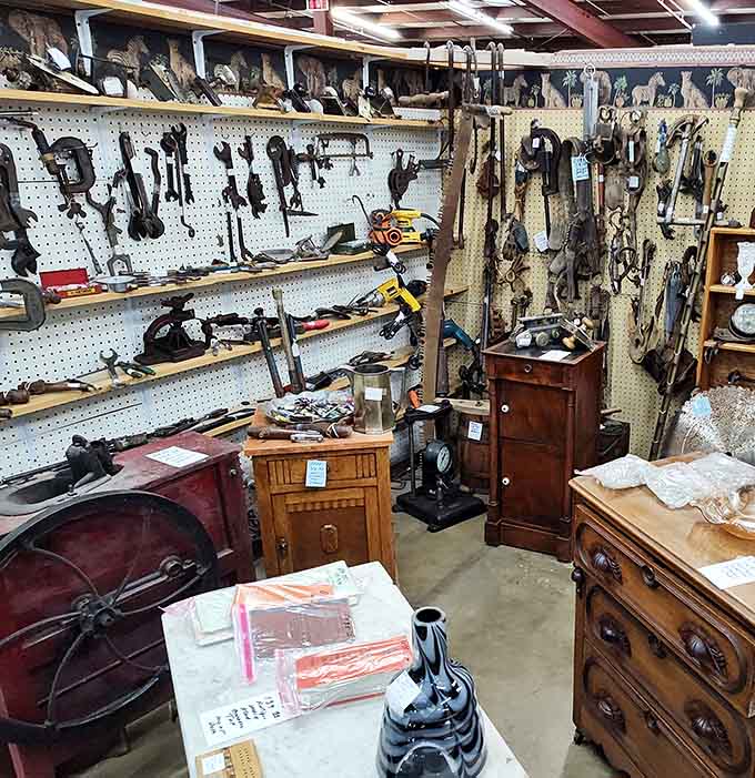 Tools that built America, now hanging like an industrial art installation celebrating honest work and skilled hands.