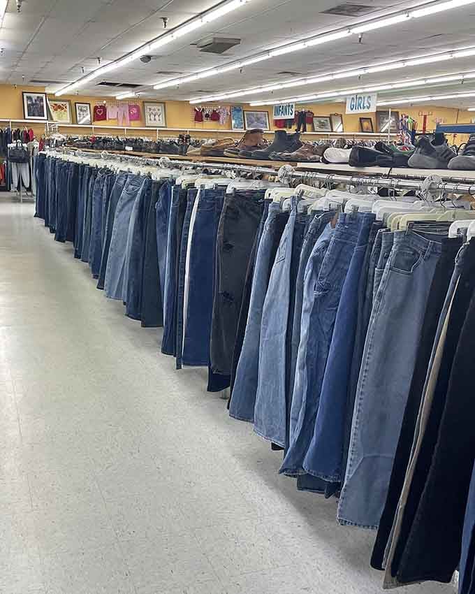 A denim lover's dream stretches before you, offering every wash and style imaginable at unbeatable prices.