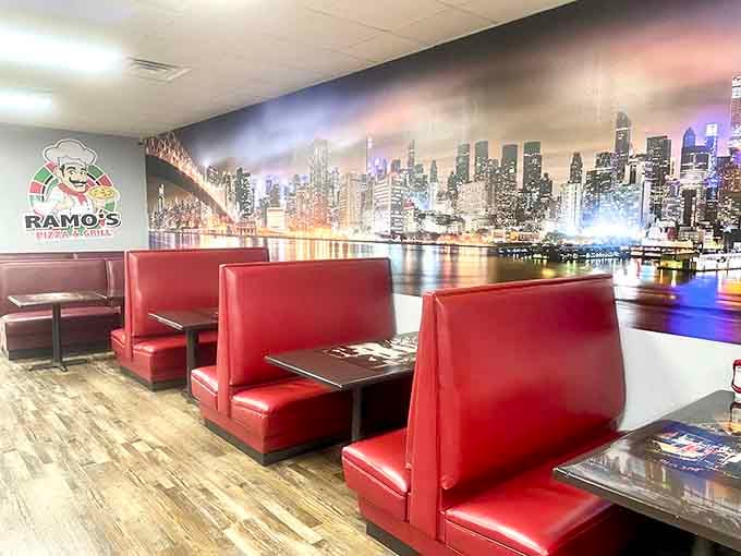 Red booths and city skyline murals transport diners somewhere between New York and North Carolina comfort.