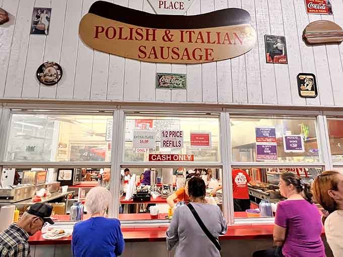 Polish and Italian sausage served fresh, because flea market food hits different when you're treasure hunting on an empty stomach.
