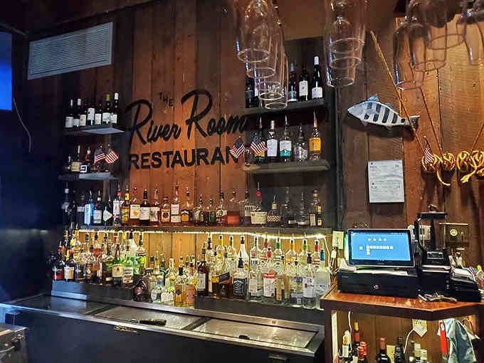 The bar at River Room, stocked and ready to mix whatever helps you fully embrace that waterfront dining experience.