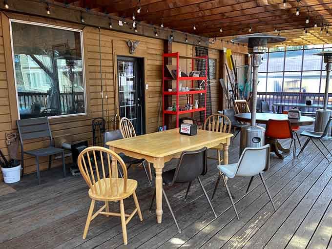 Mismatched furniture and string lights create that perfect "eating at a cool friend's place" vibe you crave.