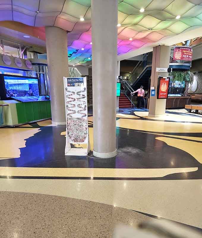 The colorful lobby space hints at the sensory wonderland waiting just beyond those escalators and pillars.