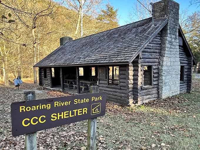 This rustic CCC shelter offers the perfect rainy-day refuge, built by hands that knew real work and quality mattered most.