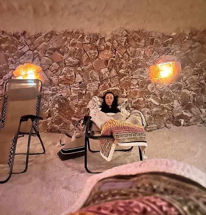 Backlit salt walls glow like amber honey, creating the most Instagram-worthy wellness space on Long Island.