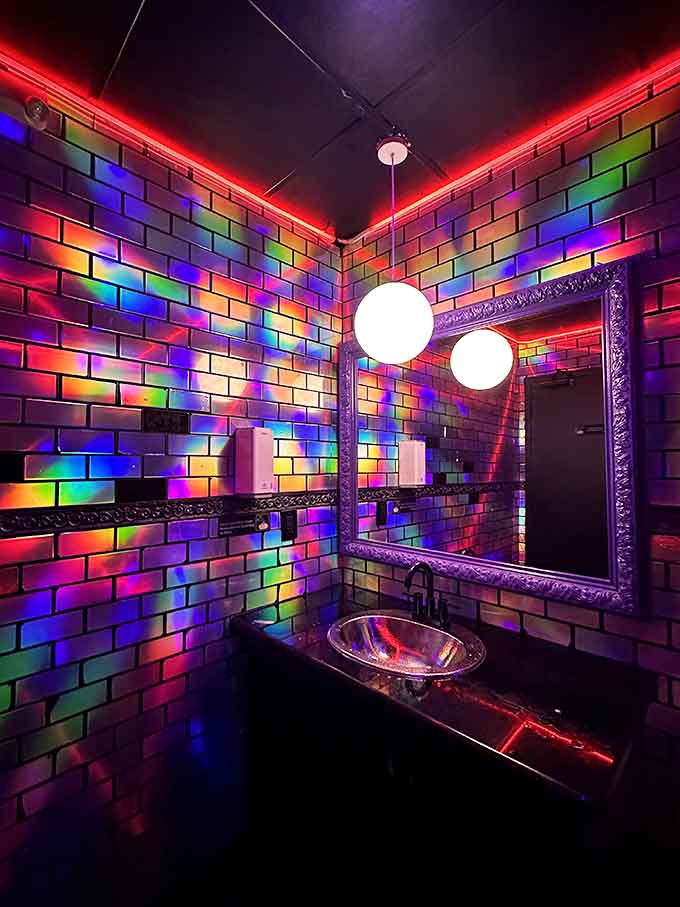 Even the bathroom gets the full rainbow treatment, making it possibly the most photogenic restroom in Texas history.