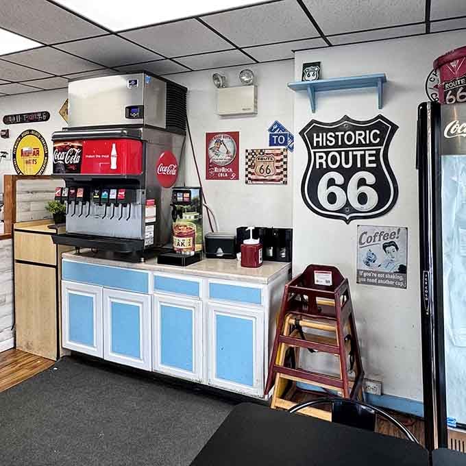 That Historic Route 66 sign above the self-service station reminds you this place celebrates classic American road trip culture.