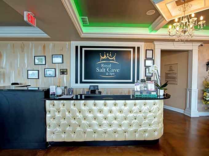 The tufted reception desk at Royal Salt Cave & Spa sets an elegant tone before you've even kicked off your shoes.
