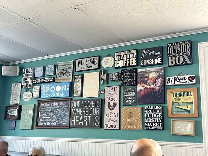 Inspirational signs and family-themed decor remind you that good food brings people together every time.