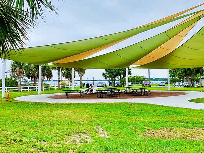 Waterfront Park's colorful shade structure provides relief from the sun while you contemplate why you don't picnic more often.