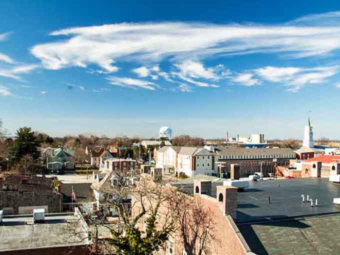 From above, Salem's mix of church steeples and historic buildings creates a skyline unchanged by modern development pressures.