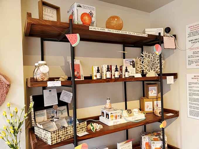 Wellness products and salt lamps available for those wanting to bring the experience home, minus the tons.