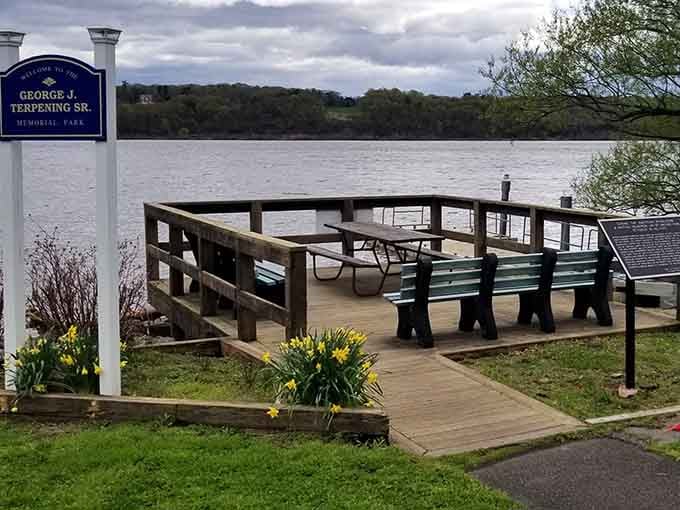 Waterfront park with picnic spots where the Hudson River provides entertainment better than any streaming service could.
